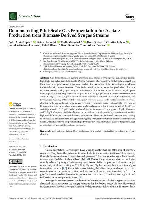Pdf Demonstrating Pilot Scale Gas Fermentation For Acetate Production From Biomass Derived