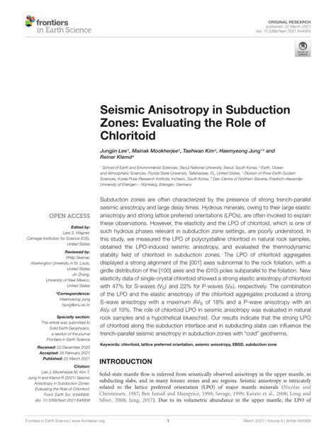 Pdf Seismic Anisotropy In Subduction Zones Evaluating The Role Of Chloritoid