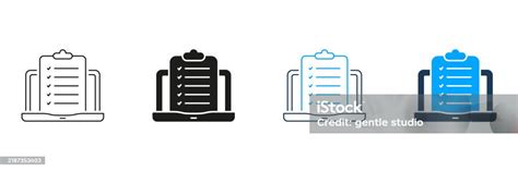 체크리스트가 있는 클립보드 노트북 라인 및 실루엣 아이콘 세트 신청서 픽토그램 설문지 목록 기호입니다 컴퓨터 서명에서 온라인 테스트 편집 가능한 획 고립된 벡터 삽화 0명에