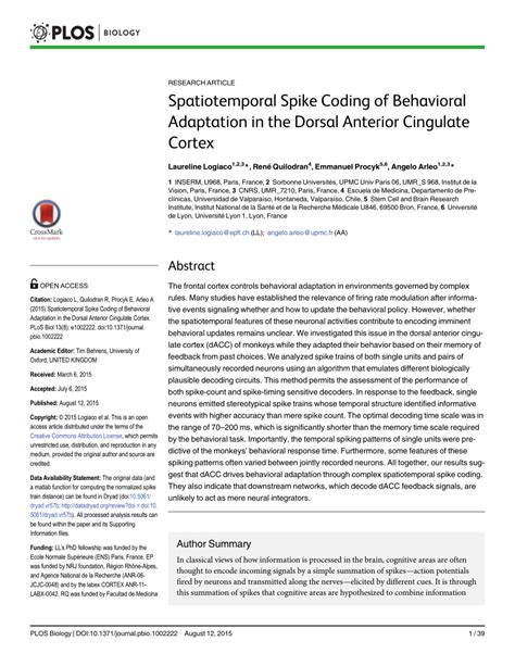 Pdf Spatiotemporal Spike Coding Of Behavioral Adaptation In The