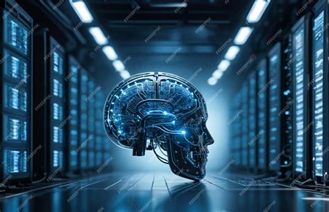 3d Rendering Humanoid Robot In Data Center Or Server Room With Circuit Board Premium Ai