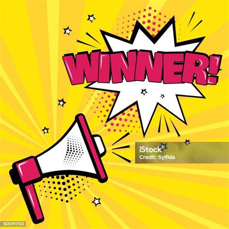 팝 아트 스타일에 노란색 배경에 비문 우승자와 확성기 및 음성 거품이 있다 벡터 일러스트 레이 션 1위에 대한 스톡 벡터 아트 및 기타 이미지 Istock
