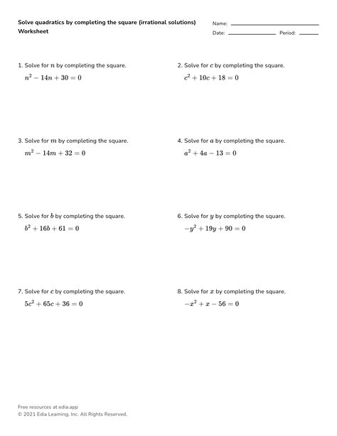 Quadratic Equation Worksheet