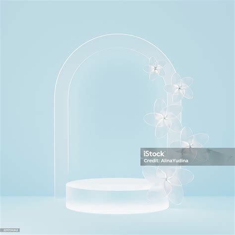 3d 사실적인 연단 배경 파란색에 하나의 유리 원통형 연단 빛나는 빛나는 아치에 유리 흰색 봄 꽃 모형 3d 렌더링 여성의 날 무대 용 디스플레이 제품 장면 쇼케이스