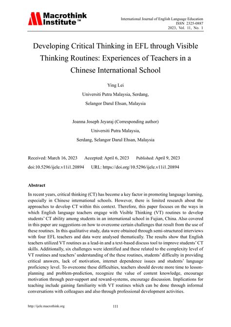 Pdf Developing Critical Thinking In Efl Through Visible Thinking Routines Experiences Of