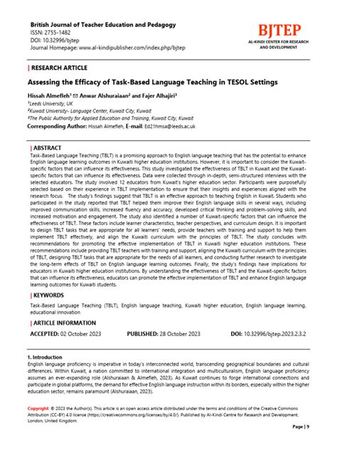 Assessing The Efficacy Of Task Based Language Teac Pdf English As A