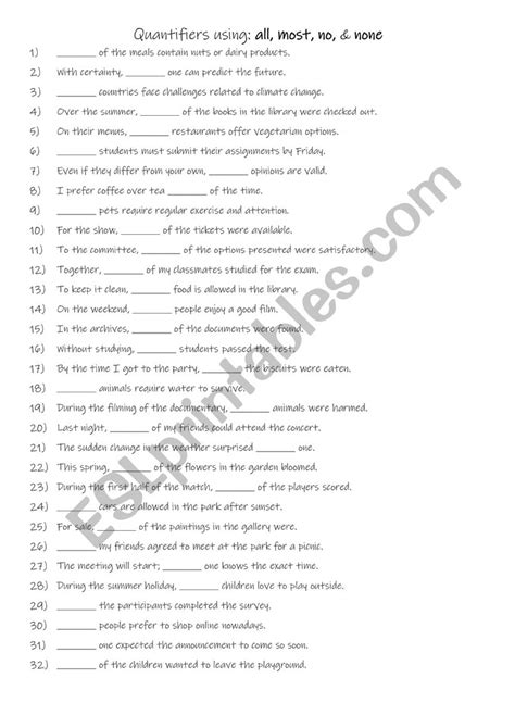 A2 B1 Quantifiers Using All Most No And None Esl Worksheet By Anthoni