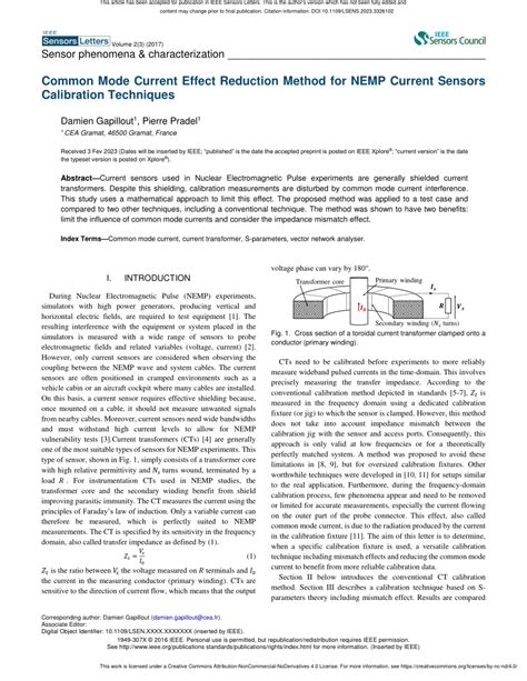 PDF Common Mode Current Effect Reduction Method For NEMP Current Sensors Calibration Techniques