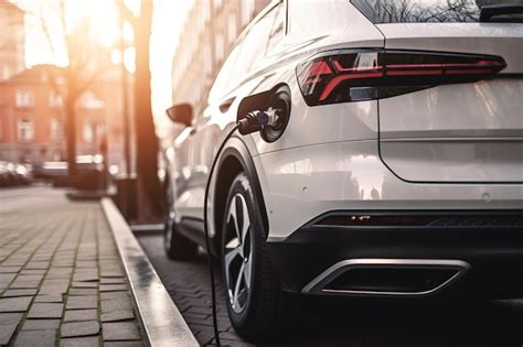 도시의 전기 주유소에 있는 전기 자동차 화창한 아침에 거리에 주차된 전기 충전기로 충전하는 흰색 친환경 자동차의 근접 촬영