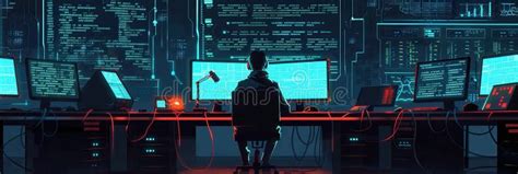 A Hacker Engages With Multiple Screens Immersed In Coding And Security Tasks In A Darkened Room