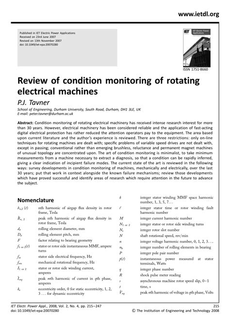 Pdf Condition Monitoring Of Rotating Electrical Machines