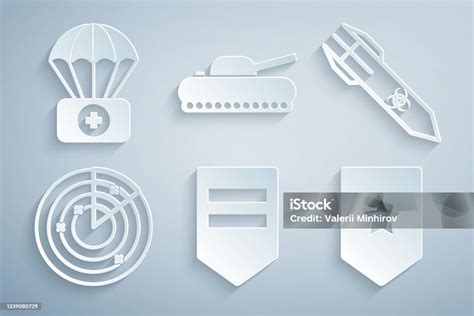 세트 셰브론 바이오 해저드 로켓 목표물레이더 군사 탱크 및 낙하산 응급 처치 키트 아이콘 벡터 3차원 형태에 대한 스톡 벡터 아트 및 기타 이미지 Istock