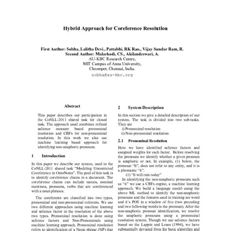 Hybrid Approach For Coreference Resolution Acl Anthology