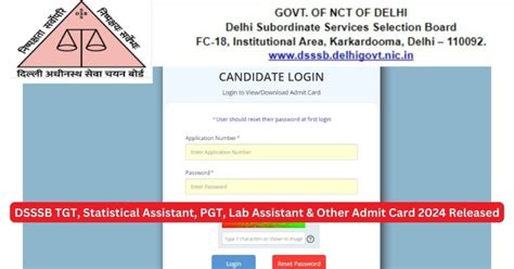 DSSSB TGT Statistical Assistant PGT Lab Assistant Other Admit Card 2024 Released Download Now
