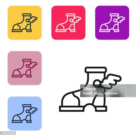 흰색 배경에 고립 된 검은 줄 에르메스 샌들 아이콘 고대 그리스 신 에르메스 날개가 달린 러닝화 색상 정사각형 단추로 아이콘을 설정합니다 벡터 고대의에 대한 스톡 벡터 아트