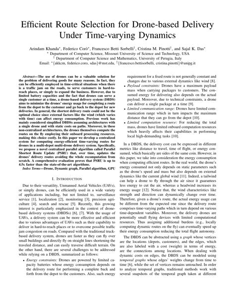 Pdf Efficient Route Selection For Drone Based Delivery Under Time Varying Dynamics