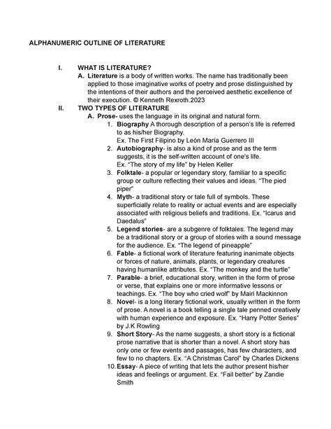 Alphanumeric Outline Of Literature Alphanumeric Outline Of Literature I What Is Literature A