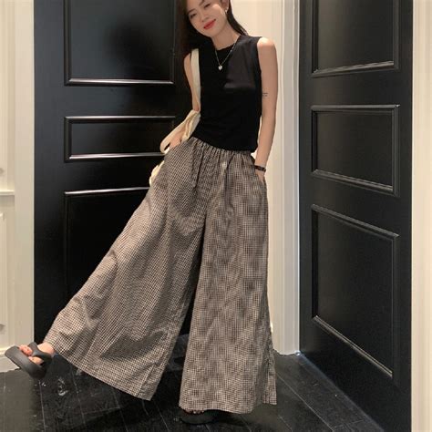 여성 캐주얼 빅사이즈 루즈핏 와이드 밴딩 체크 팬츠 온채널