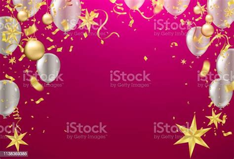 생일 축 하 벡터 일러스트입니다 색종이와 리본 골드 오렌지 풍선 색종이 생일 축 하에 대 한 디자인 서식 파일입니다 예술