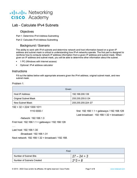 11 6 6 Lab Calculate Ipv4 Subnets Objectives Part 1 Determine Ipv4 Address Subnetting Part