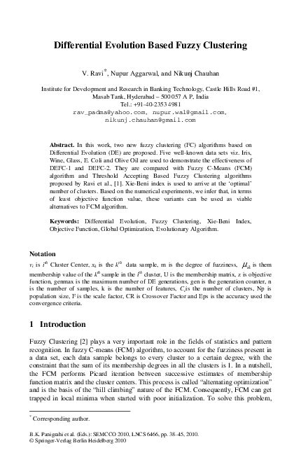 Pdf Differential Evolution Based Fuzzy Clustering