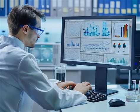 Scientist Analyzing Data On A Computer Screen With Graphs And Charts Scientific Research And