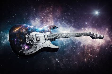 Electric Guitar Floating In Space Against Starry Background Stock Illustration Illustration