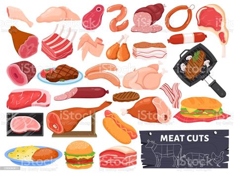 고기 벡터 일러스트 세트 만화 플랫 생 또는 구운 돼지 고기 쇠고기 양고기 또는 닭고기 뜨거운 구운 고기 스테이크와 함께 음식 컬렉션을 제공 닭고기에 대한 스톡 벡터 아트