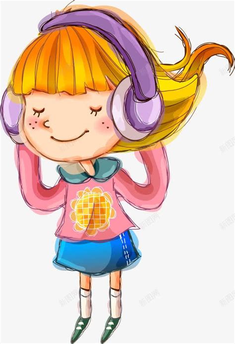 听音乐的女孩卡通人物手绘png图片免费下载 素材7mSWUjVVU 新图网