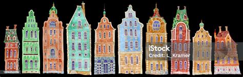 검은 색 배경에 격리 된 아키텍처 세트입니다 수채화 페인트 낙서 동화 주택 오래된 중세 유럽 마을 거리 0명에 대한 스톡 벡터 아트 및 기타 이미지 Istock