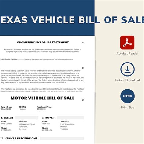 Vehicle Bill Of Sale Template Etsy