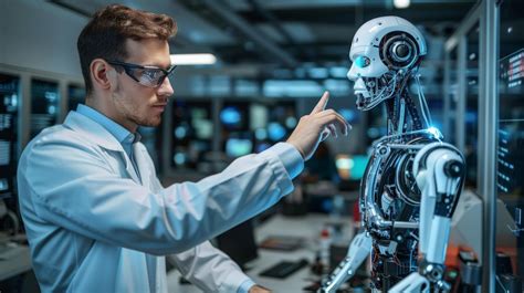 Engineer Programming A Humanoid Robot In A Hightech Lab Premium Ai