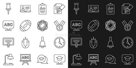 Set Line Graduation Cap In Speech Bubble Clock Medal Exam Sheet With A Plus Grade American