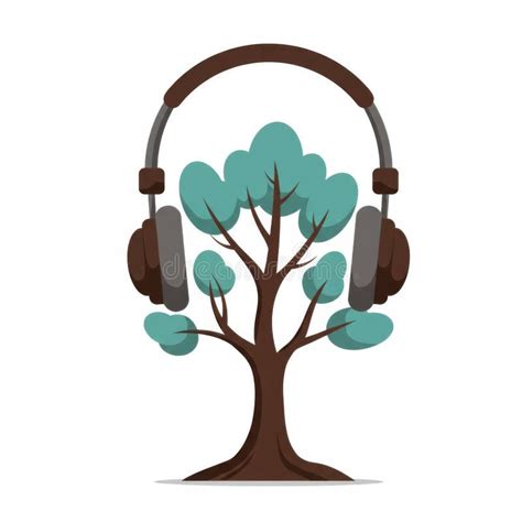 Teal Leaf Tree Wearing Brown Headphones Stock Illustration