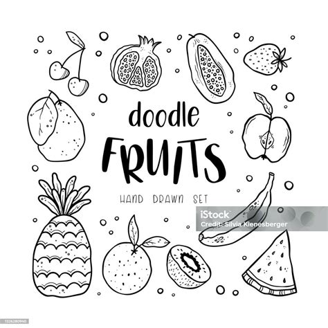 귀여운 낙서 과일 손으로 그린 파인애플 멜론 키위 딸기 바나나 등 벡터 디자인 0명에 대한 스톡 벡터 아트 및 기타 이미지