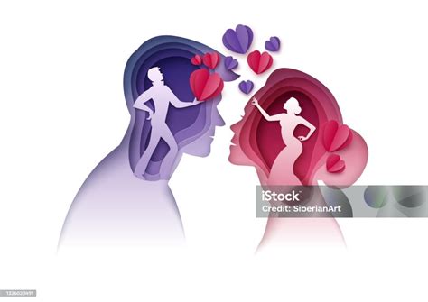 서로를 바라보는 남자와 여자는 마음을 주고 벡터 종이 컷 일러스트 사랑에 빠진 커플 로맨틱 한 관계 3차원 형태에 대한 스톡 벡터 아트 및 기타 이미지 Istock