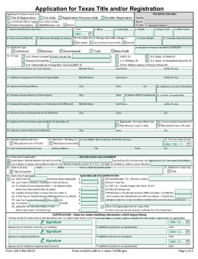 Application For Texas Title Or Registration Template • Bluenotary