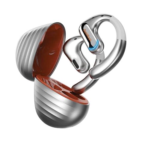 Silver Metallic Wireless Bluetooth Open Earbuds And In Ear With Microphone And Charging Case A