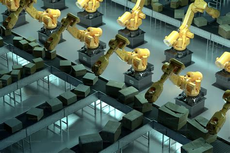 Robotic Arms Sort Boxes On An Automated Assembly Line Photo Design