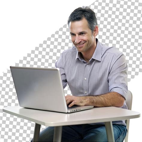 Человек сидящий за столом с ноутбуком в очках изолированный на прозрачном фоне Премиум Ai