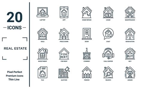부동산 선형 아이콘 세트입니다 얇은 라인 노트북 판매 투자 파일 수상 문 보고서 프리젠 테이션 다이어그램 웹 디자인에 대한 구매 아이콘을 포함합니다 0명에 대한 스톡 벡터