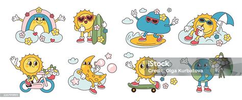 복고풍 날씨 캐릭터 웃는 얼굴 발과 손 태양 구름과 무지개 지구와 달 스티커 컬렉션 만화 플랫 절연 화려한 벡터 세트 재미 그루비 마스코트 등장인물에 대한 스톡 벡터 아트