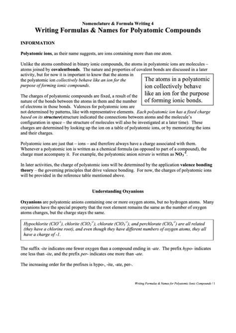Writing Formulas Names For Polyatomic Compounds Printable Pdf Download
