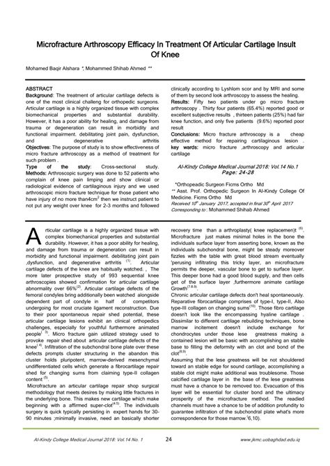 Pdf Microfracture Arthroscopy Efficacy In Treatment Of Articular Cartilage Insult Of Knee