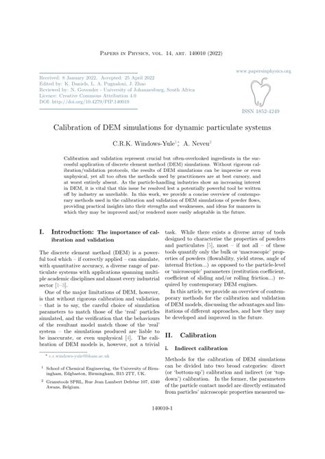 Pdf Calibration Of Dem Simulations For Dynamic Particulate Systems
