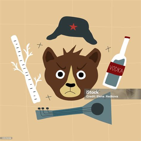 러시아의 전통과 문화 러시아 여행 발라라이카 이어플랩이 달린 모자 자작나무 보드카 한 병을 곁들인 곰 러시아 벡터 일러스트레이션의 기호입니다 가공의 인물에 대한 스톡 벡터