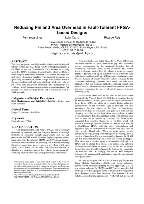 Pdf Reducing Pin And Area Overhead In Fault Tolerant Fpga Based Designs