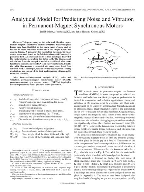 Pdf Analytical Model For Predicting Noise And Vibration In Permanent Magnet Synchronous Motors