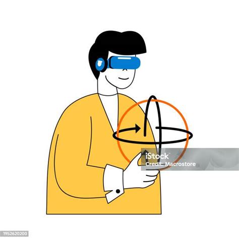 웹을 위한 평면 디자인에 있는 만화 사람들과 가상 현실 개념 Vr 헤드셋을 쓴 남자가 360도 화살표와 상호 작용하고 있습니다