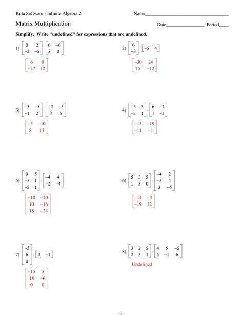 Matrices Multiplication Worksheet